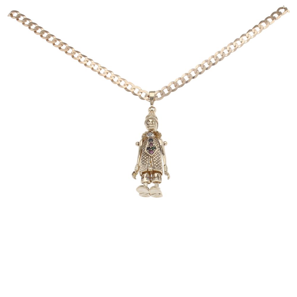 9ct Yellow Gold Multi-Gemstone Clown Pendant and Curb Chain 18 ...