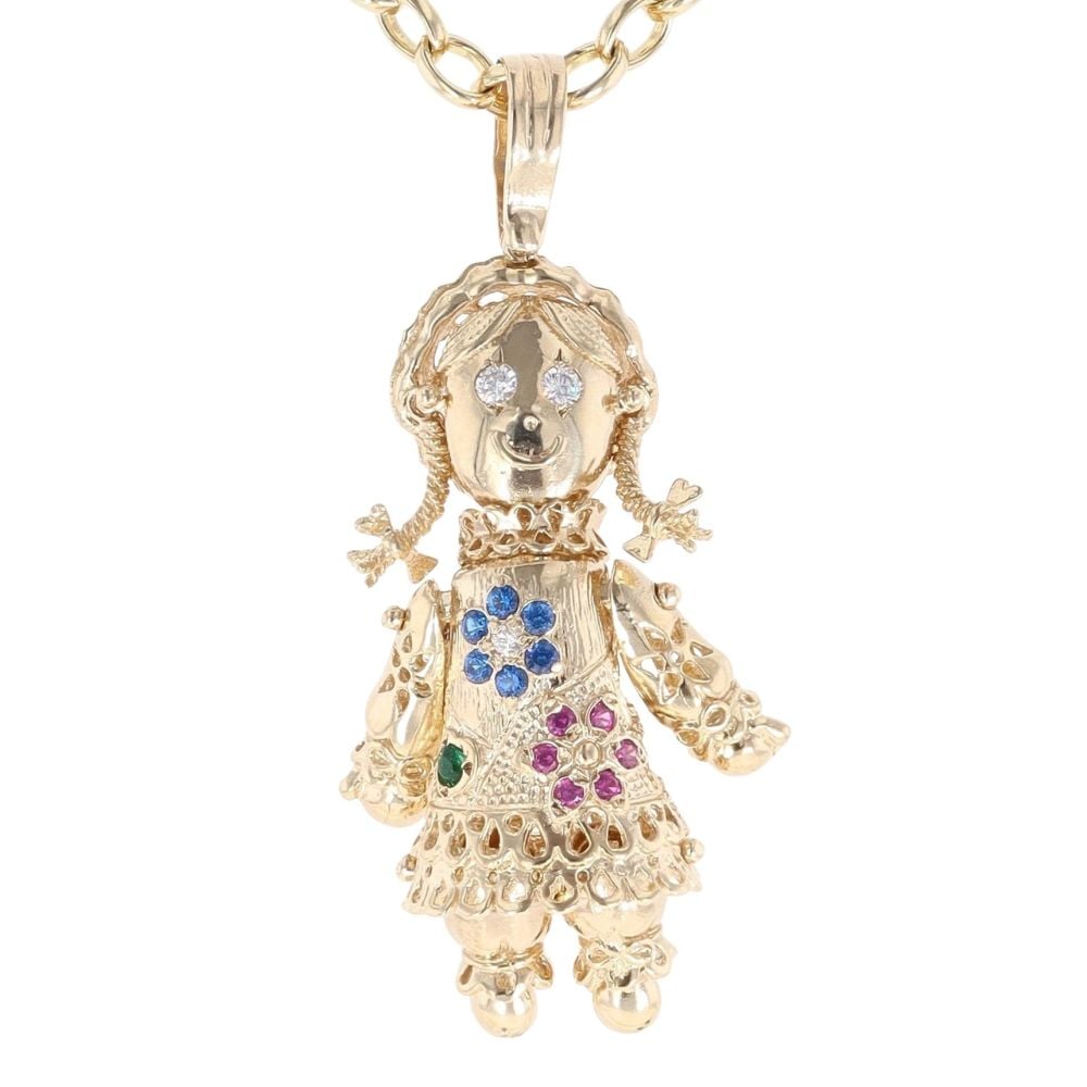 9ct Yellow Gold Multi Gemstone Ragdoll Pendant and Belcher Chain 28 ...