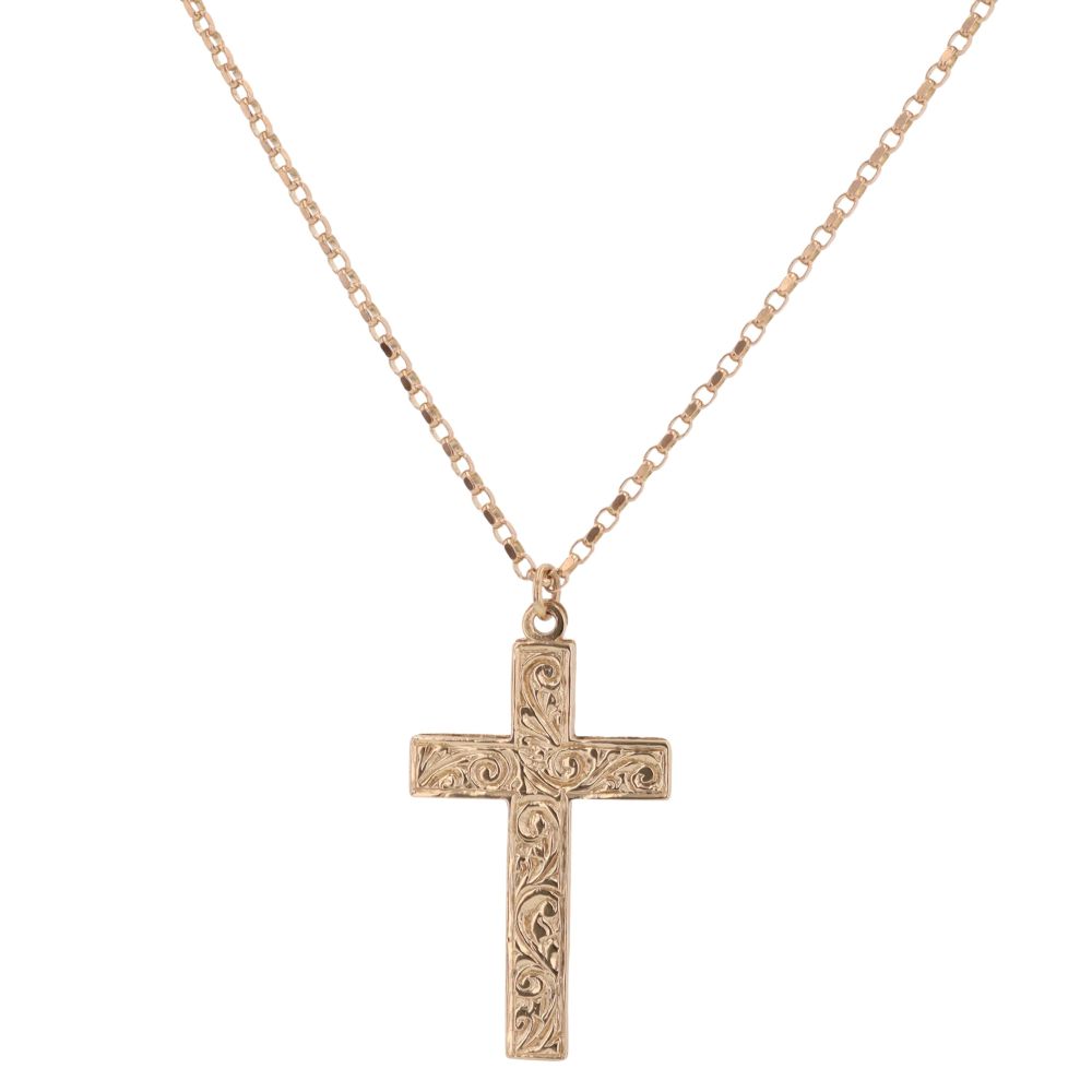 9ct Yellow Gold Patterned Cross Pendant And Chain 24" RAMS766361364005 ...