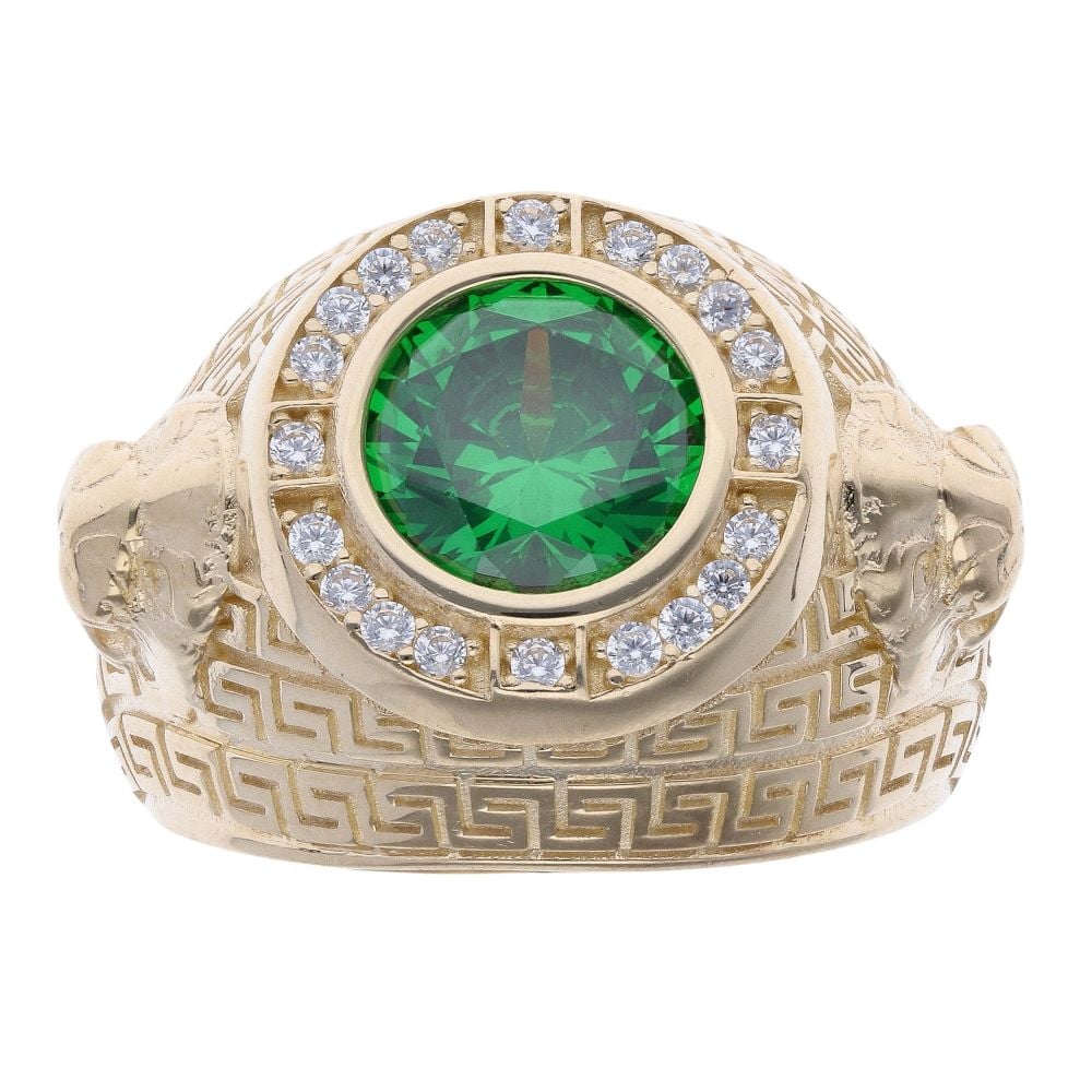 14ct Yellow Gold Green Gemstone Lion And Greek Key Signet Ring ...