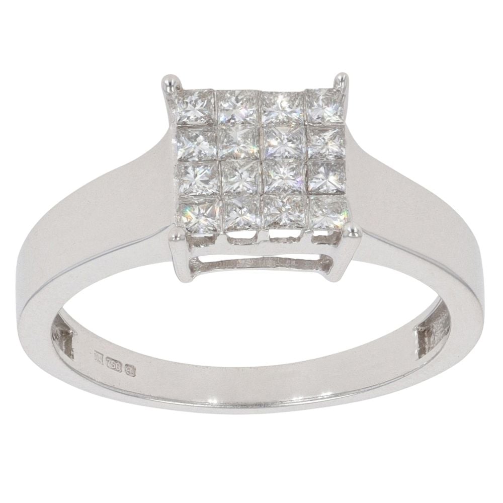 18ct White Gold 0.50ct Princess Cut Diamond Cluster Ring ...