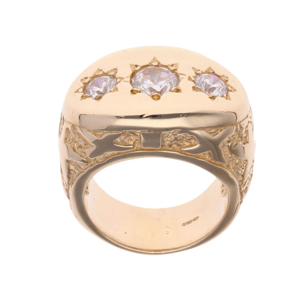 9ct Yellow Gold Three Stone Cubic Zirconia Signet Ring RAMS4430000130 ...