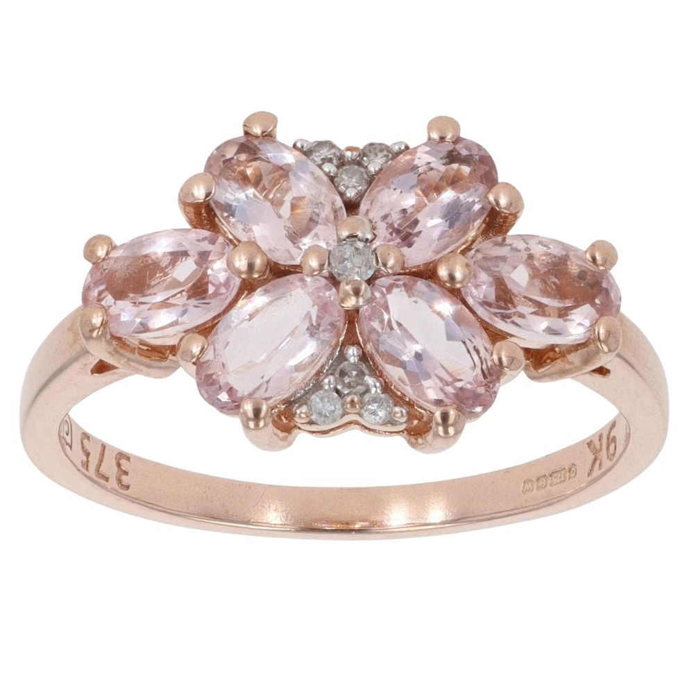 9ct Rose Gold Morganite and 0.05ct Diamond Floral Cluster Ring ...