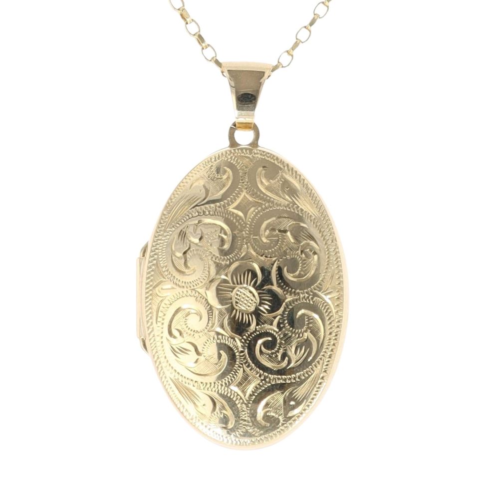 9ct Yellow Gold Patterned Locket Pendant and Chain 18