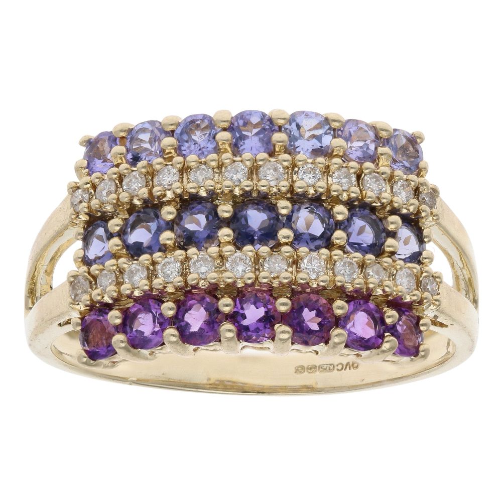 9ct Yellow Gold 0.15ct Diamond And Purple Gemstone Five Row Ring ...