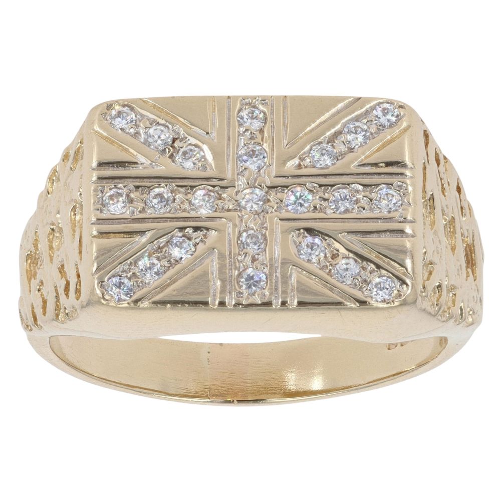 9ct Yellow Gold Cubic Zirconia Union Jack Signet Ring RAMS207901760903 ...