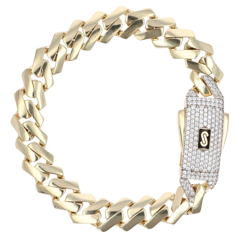 14ct Yellow Gold Monaco Edge Pave Lock Curb Bracelet 7.5 ...
